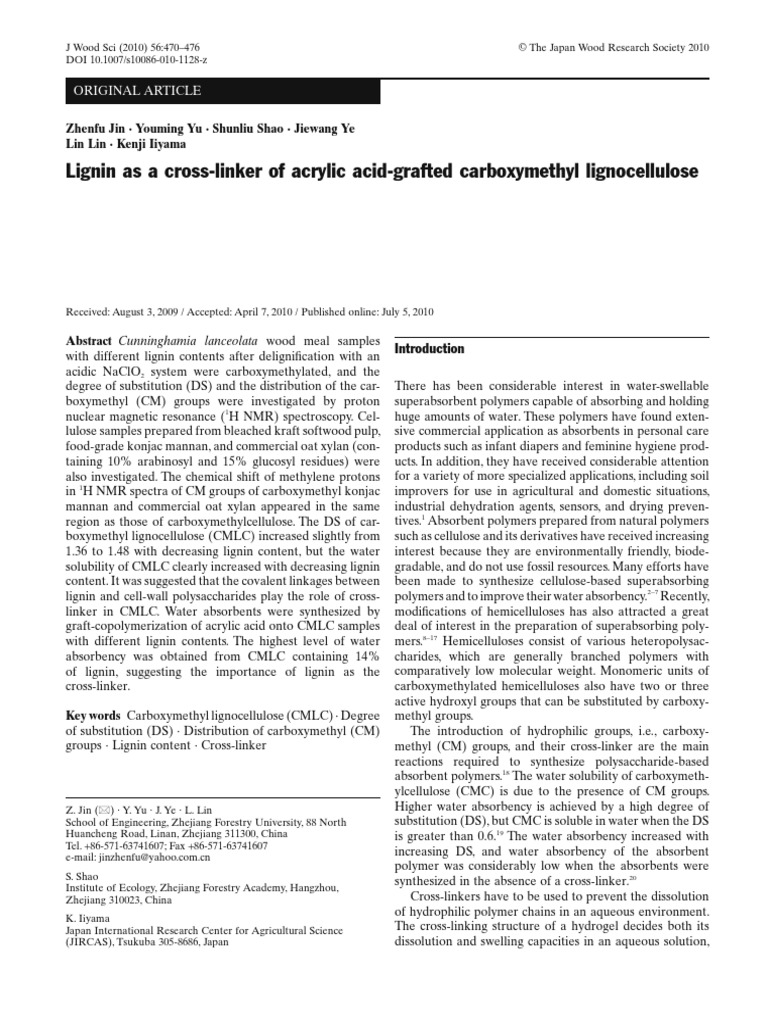 Lignin As A Cross-Linker of Acrylic Acid-Grafted Carboxymethyl ...