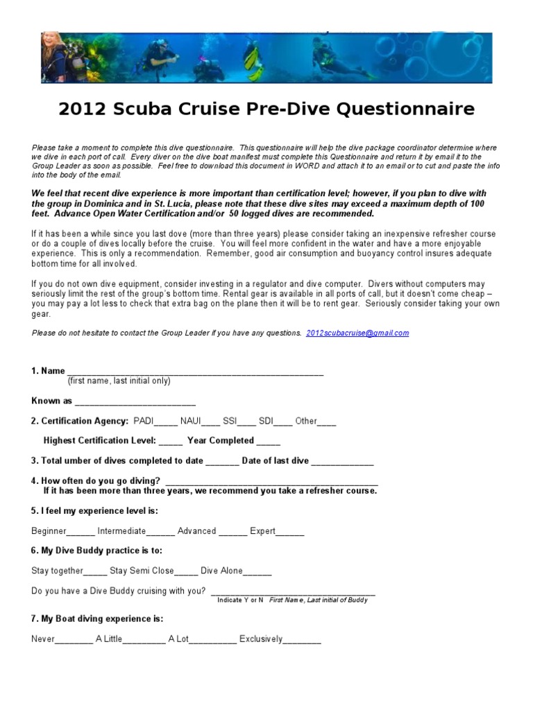 2012 Pre-Dive Questionnaire | PDF | Scuba Diving | Underwater Diving