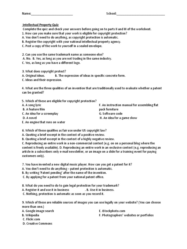 Intellectual Property Quiz and Answers | PDF | Copyright | Intellectual ...