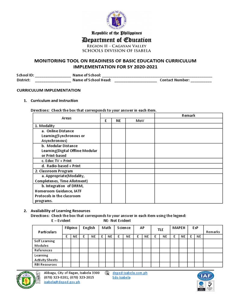MONITORING TOOL On Basic Education Curriculum Implementation For SY ...