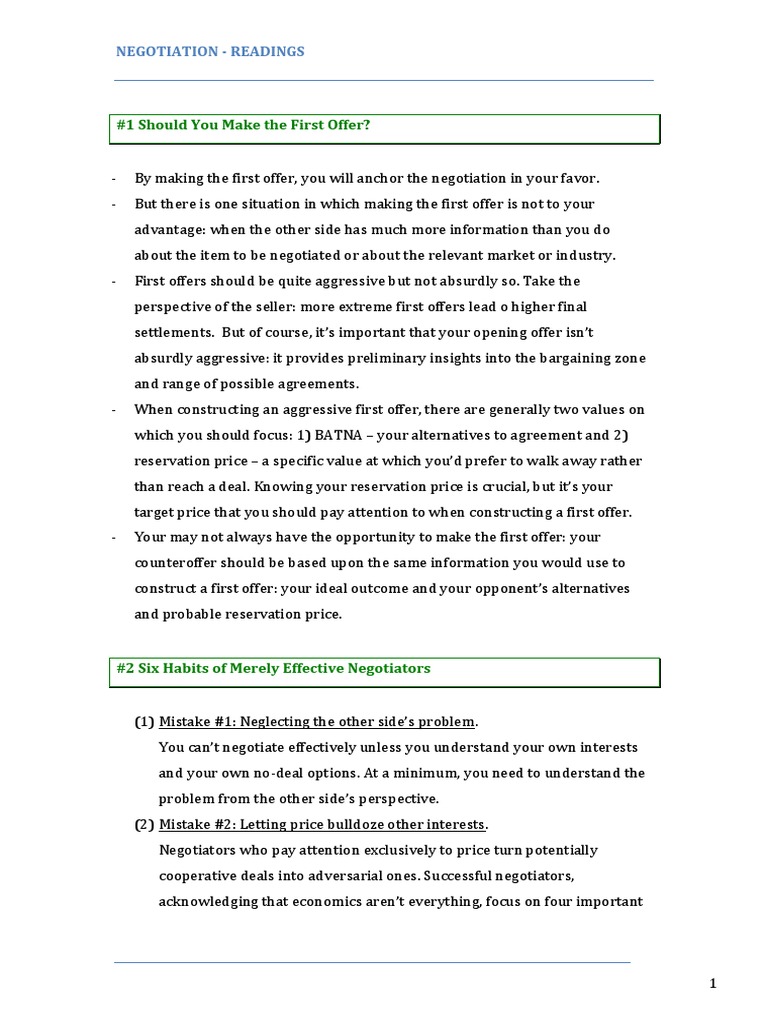 #1 Should You Make The First Offer?: Negotiation - Readings | PDF | Negotiation | Cognitive Science