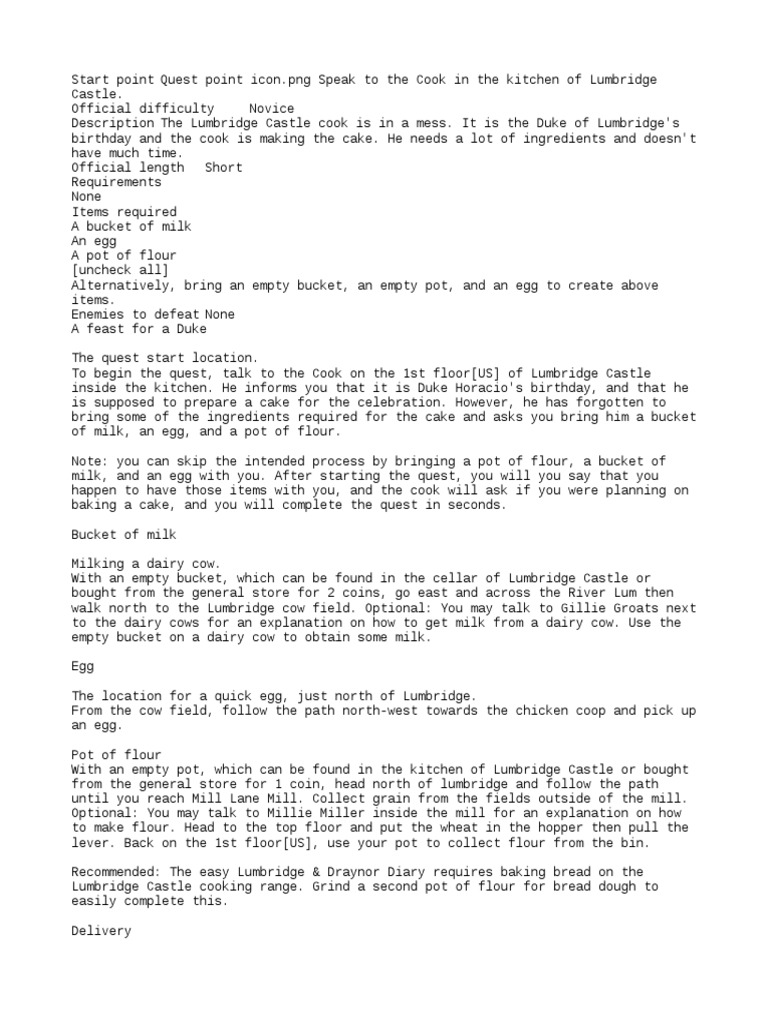 OSRS Optimal Quest Order Guide - Cooks Assistant | PDF | Cakes | Breads