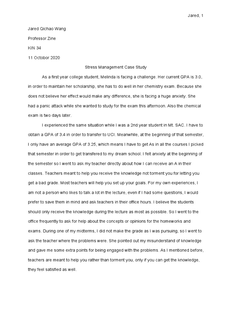 Stress Management Case Study 1 | PDF | Action (Philosophy) | Teachers