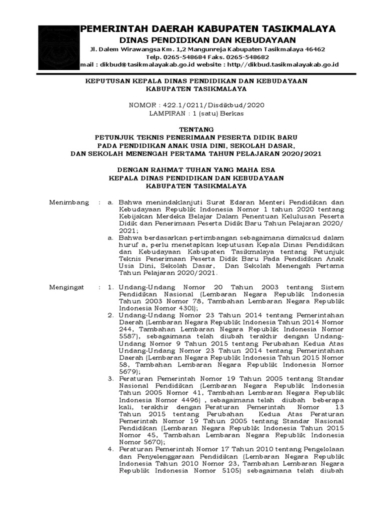 Keputusan Kepala Dinas Tentang Juknis PPDB 2020-2021 | PDF