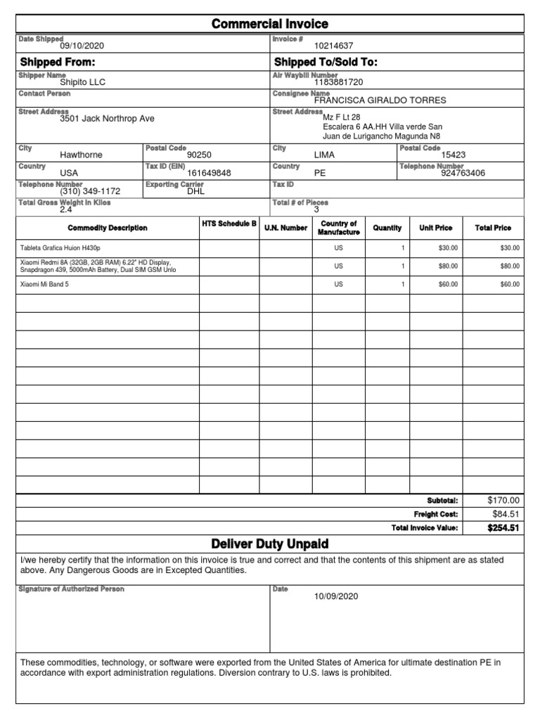 Commercial Invoice: Shipped From: Shipped To/Sold To | Download Free ...