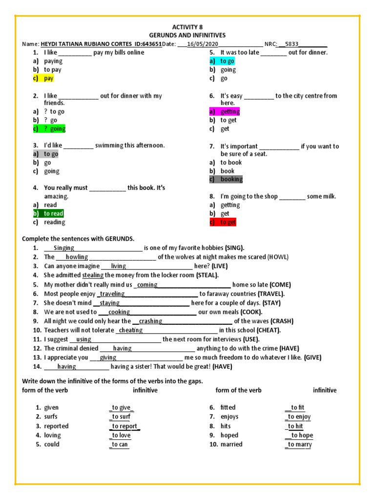 Activity 8 Gerunds and Infinitives | PDF | Verb | Object (Grammar)