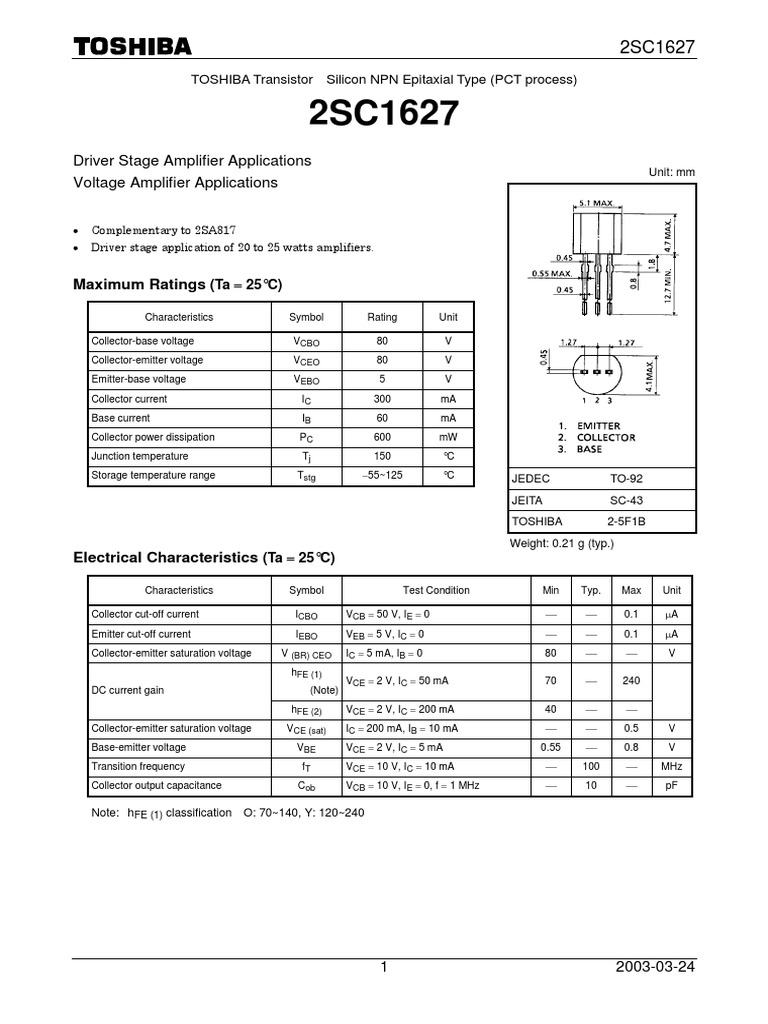 C1627-Toshiba Semiconductor PDF | PDF | Bipolar Junction Transistor | Reliability Engineering