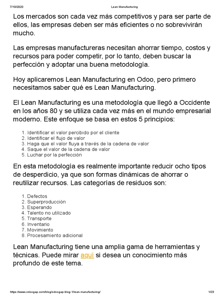 Implementando Lean Manufacturing en Odoo para mejorar la eficiencia y reducir desperdicios | PDF ...