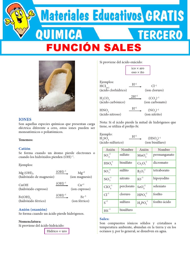 Función Sales para Tercer Grado de Secundaria | PDF | Sal (química) | Ion