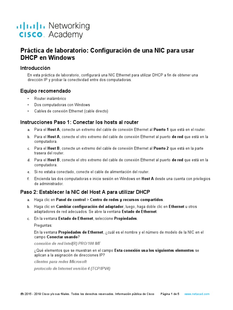 6 1 2 7 Lab Configure A Nic To Use Dhcp In Windows Pdf Dirección