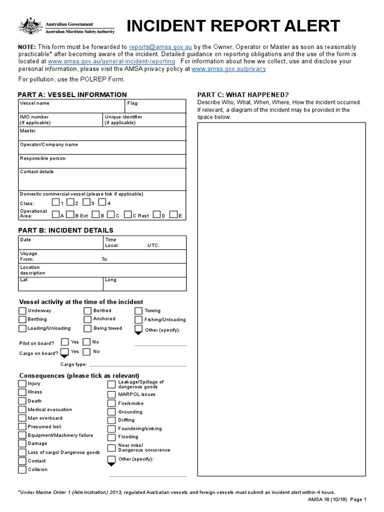 AMSA Form 18 Incident Reporting Guide | PDF | Watercraft | Shipping