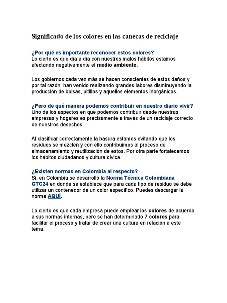 Significado de Los Colores en Las Canecas de Reciclaje | Descargar gratis PDF | Residuos ...