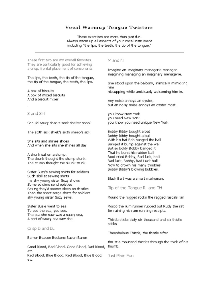Vocal Warmup Tongue Twisters | PDF