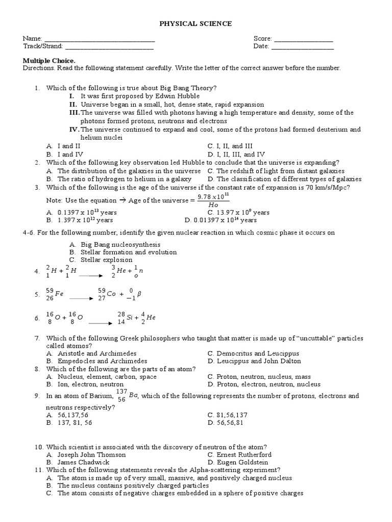 Exam in Physical Science | PDF | Nuclear Physics | Radioactive Decay