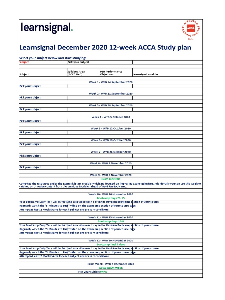 Learnsignal December 2020 12-Week ACCA Study Plan: Select Your Subject ...