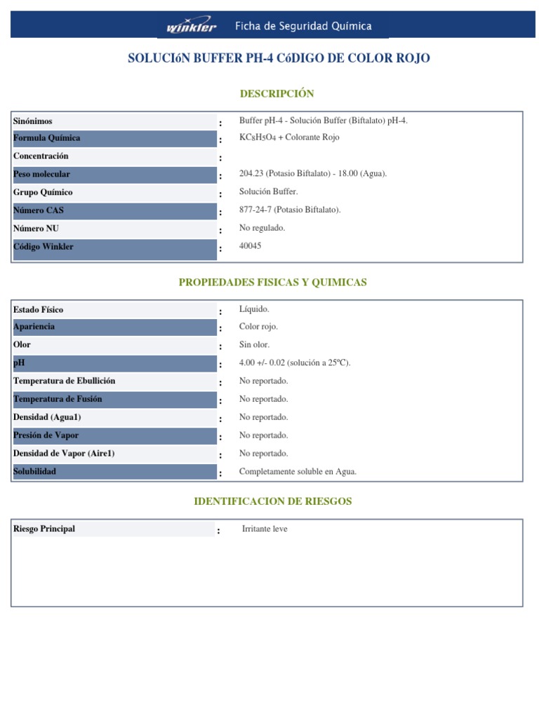 MSDS 10. Solucion Buffer PH 4 Codigo Color Rojo PDF | PDF | Solución tampón | Agua