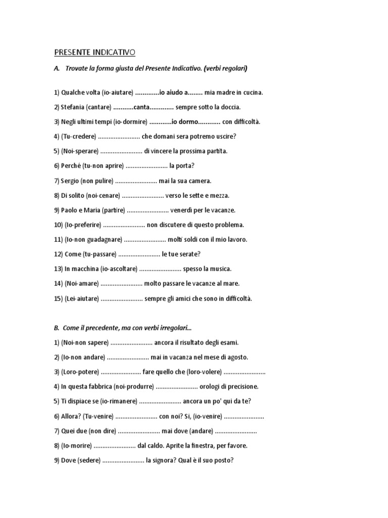 PRESENTE INDICATIVO Esercizi | PDF