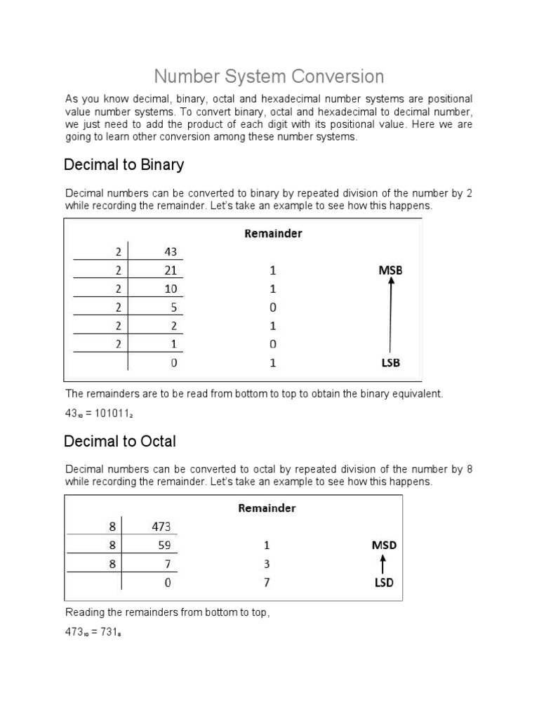 Number System Conversion: Decimal To Binary | PDF | Division (Mathematics) | Arithmetic