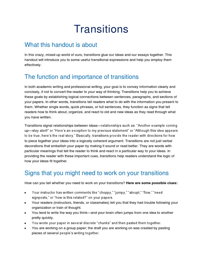 Transitions: What This Handout Is About | Download Free PDF | Argument ...