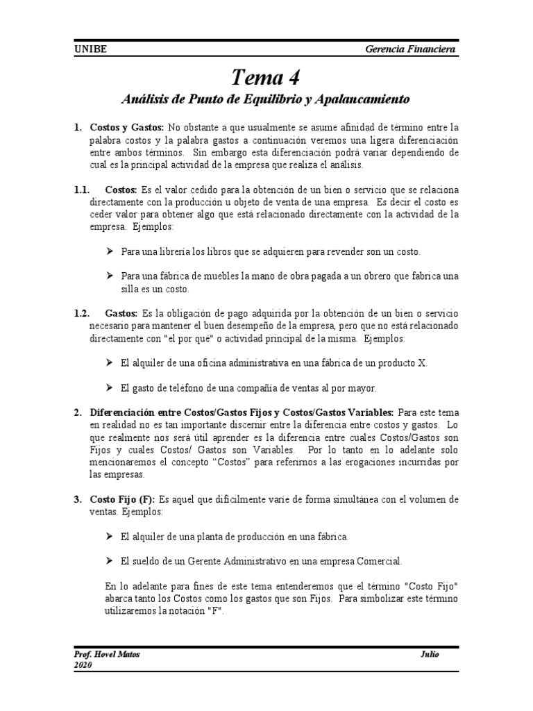 4... Análisis de Punto de Equilibrio y Apalancamiento | PDF | Costo ...