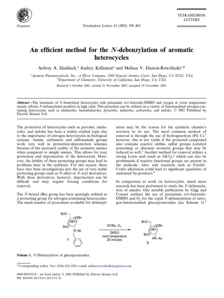 An Efficient Method For The N-Debenzylation of Aromatic Heterocycles ...