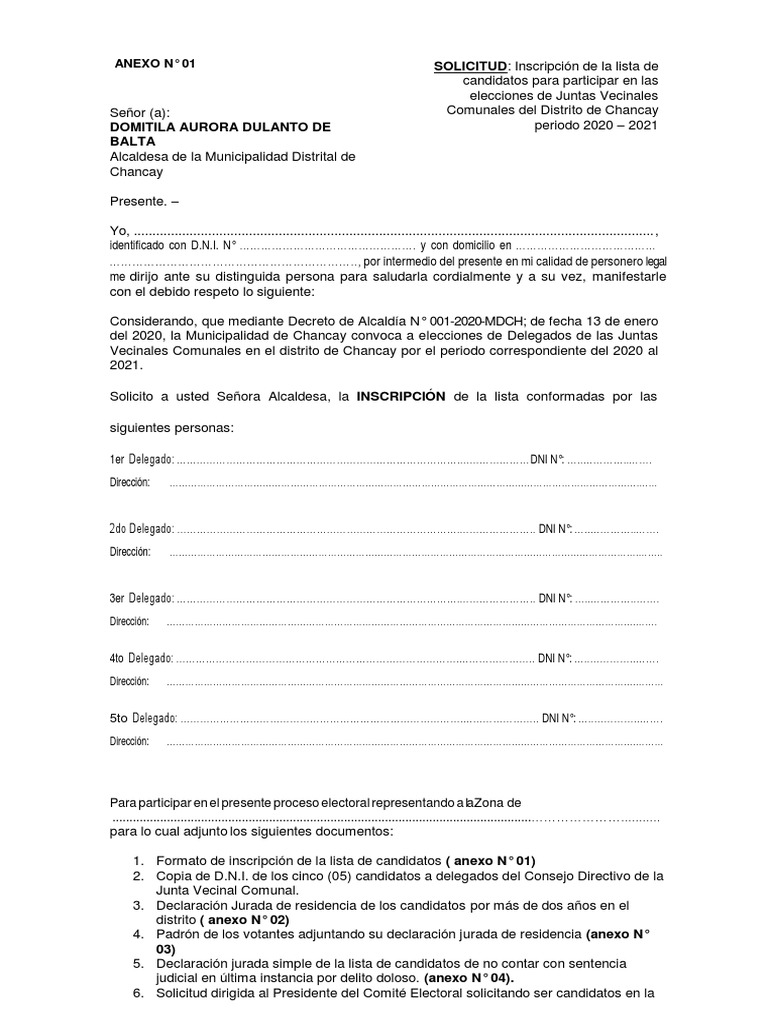 Solicitud-De-Inscripcion (Anexo 1) - Elecciones de Junta Vecinal | PDF | Gobierno | Elecciones
