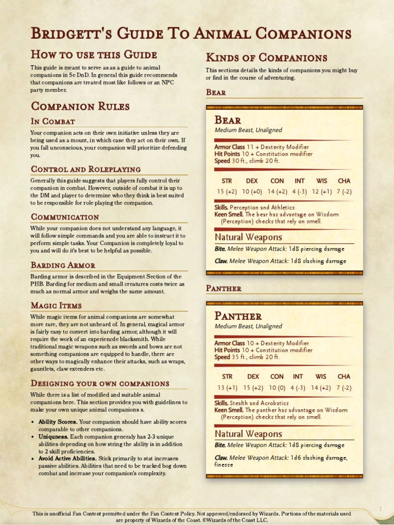 Player's Guide To Animal Companions. - GM Binder | PDF | Role Playing ...