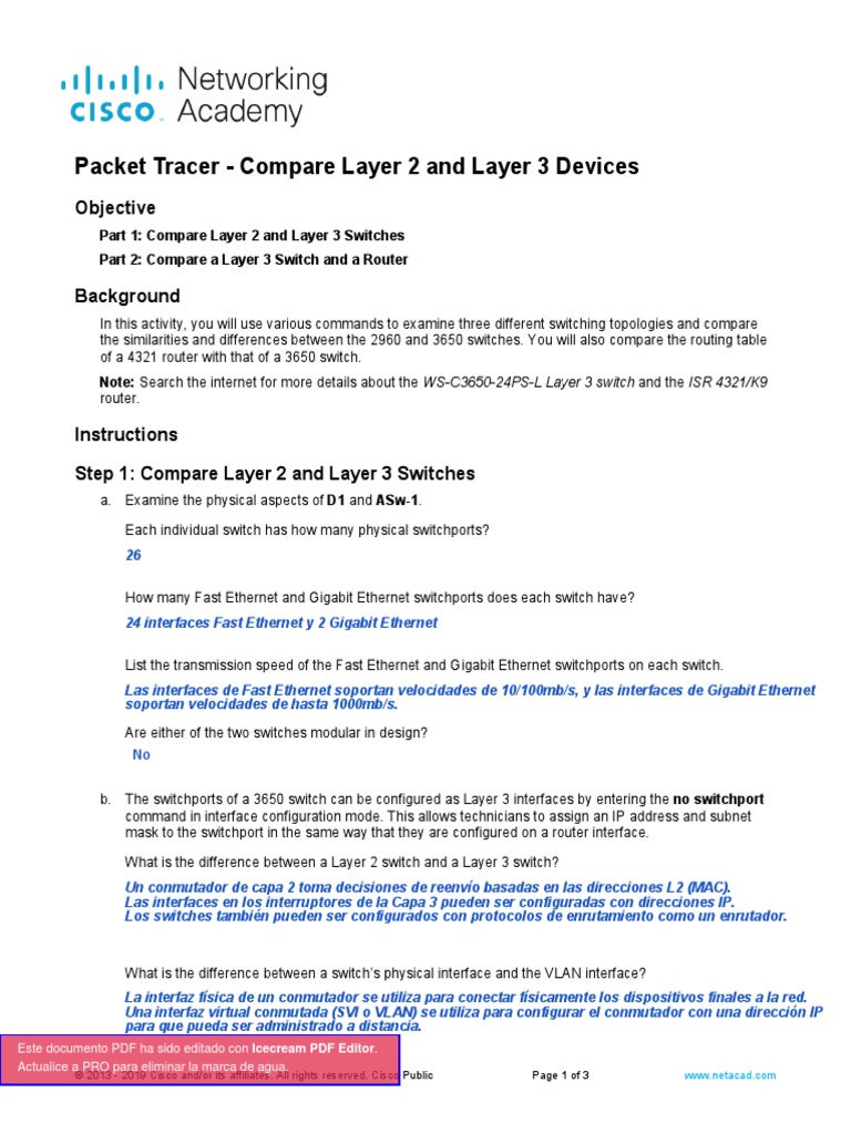11.5.1 - Packet Tracer - Compare Layer 2 and Layer 3 Devices | PDF | Network Switch | Router ...