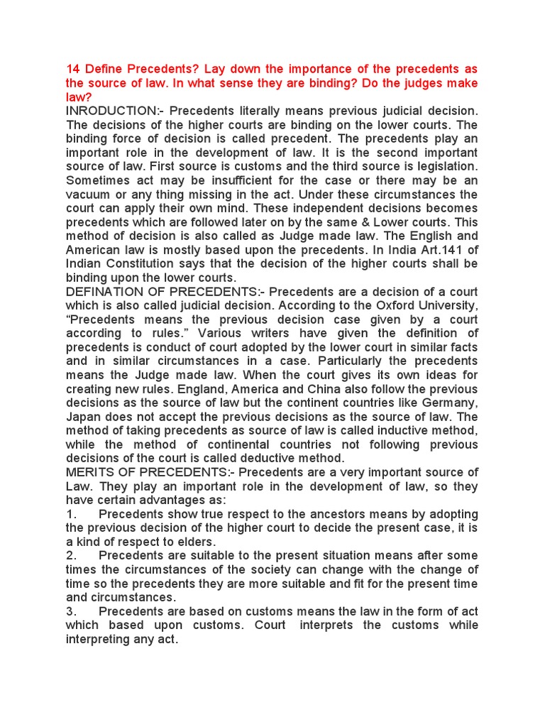 14 Define Precedents? Lay Down The Importance of The Precedents As The ...