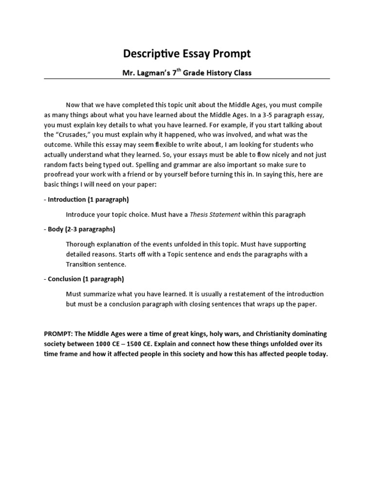 Descriptive Essay Prompt: Mr. Lagman's 7 Grade History Class | PDF