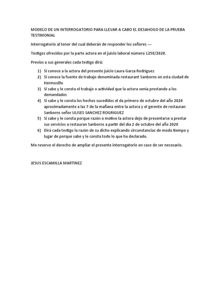 Modelo de Un Interrogatorio Prueba Testimonial | PDF