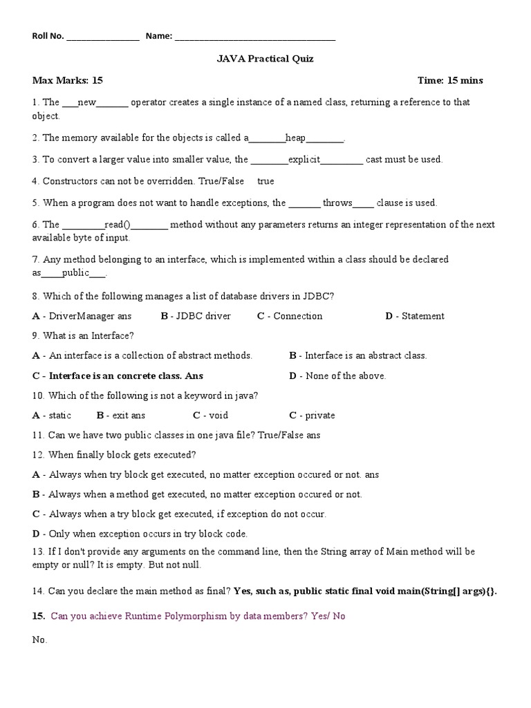 JAVA Practical Quiz Ans | PDF
