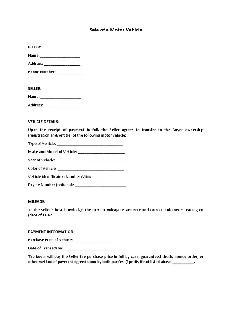 Sale of A Motor Vehicle TEMPLATE | PDF | Sales | Payments