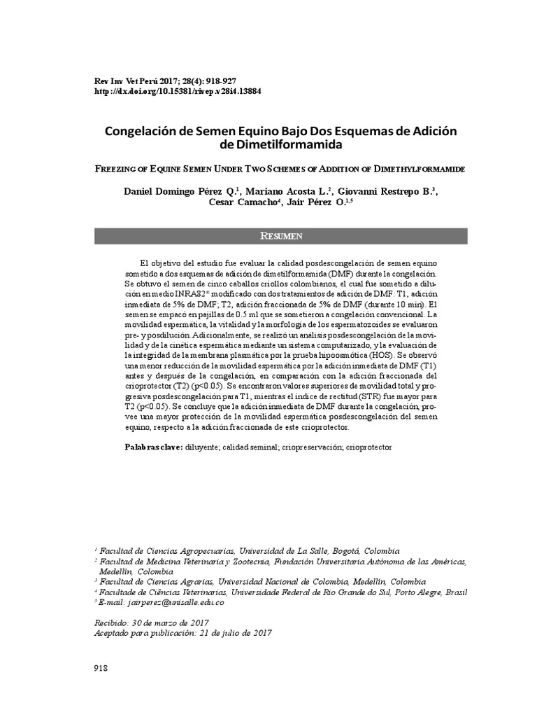 Congelación de Semen Equino Bajo Dos Esquemas de Adición | PDF | Semen | Química