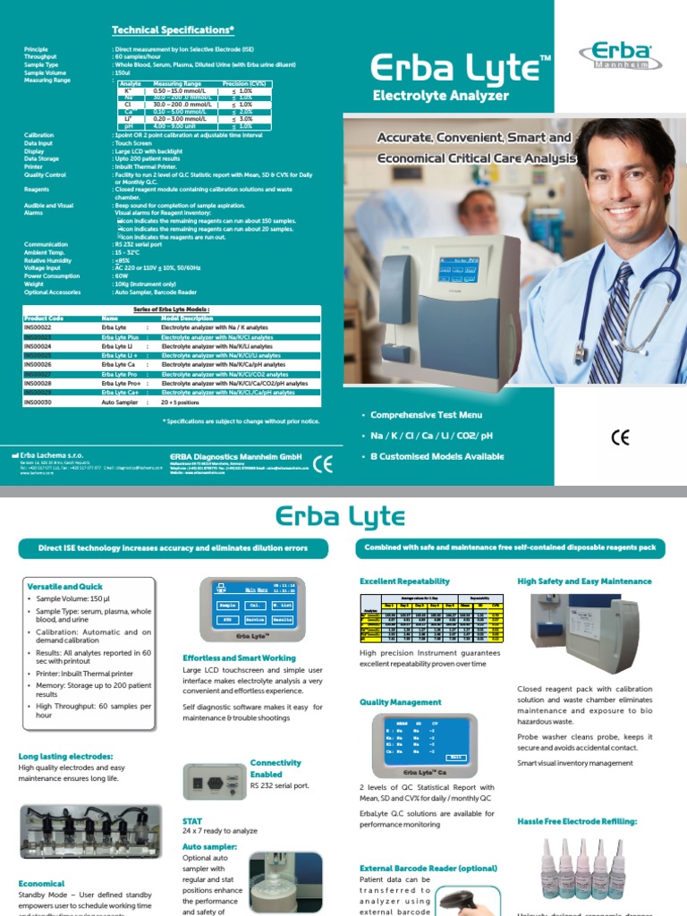 Brosur ERBA Electrolyte Analyzer Lyte Pro Plus PDF | PDF | Electrolyte ...