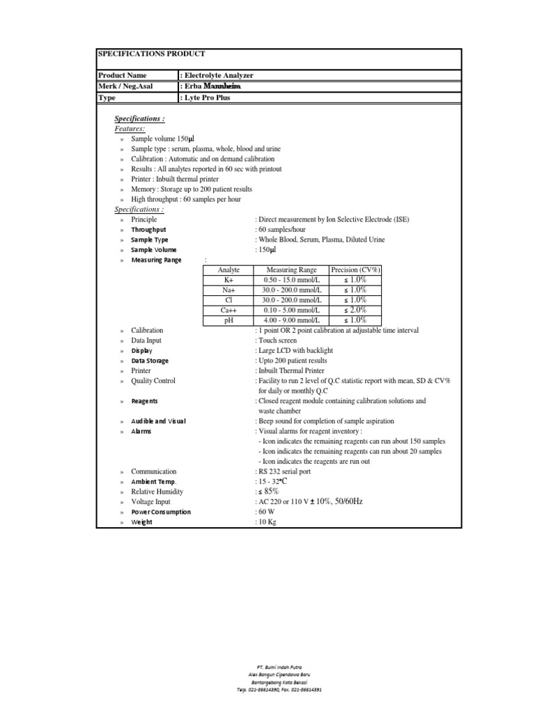 Spesifikasi ERBA Electrolyte Analyzer Lyte Pro Plus PDF | PDF ...