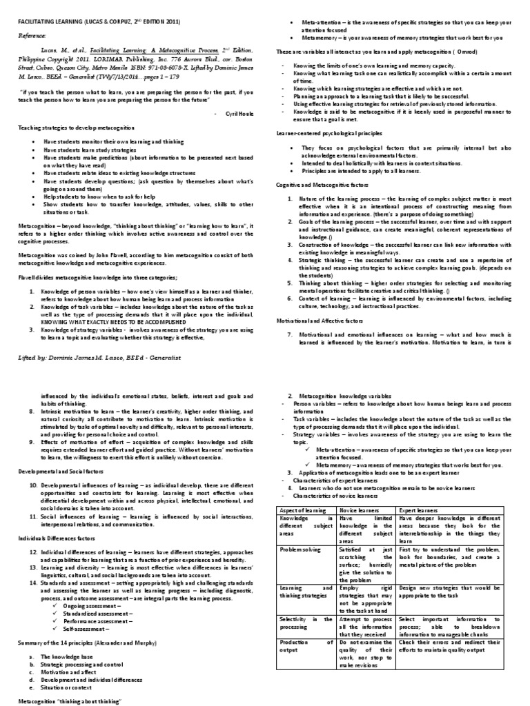 Reference:: Facilitating Learning (Lucas & Corpuz, 2 | PDF | Metacognition | Classical Conditioning