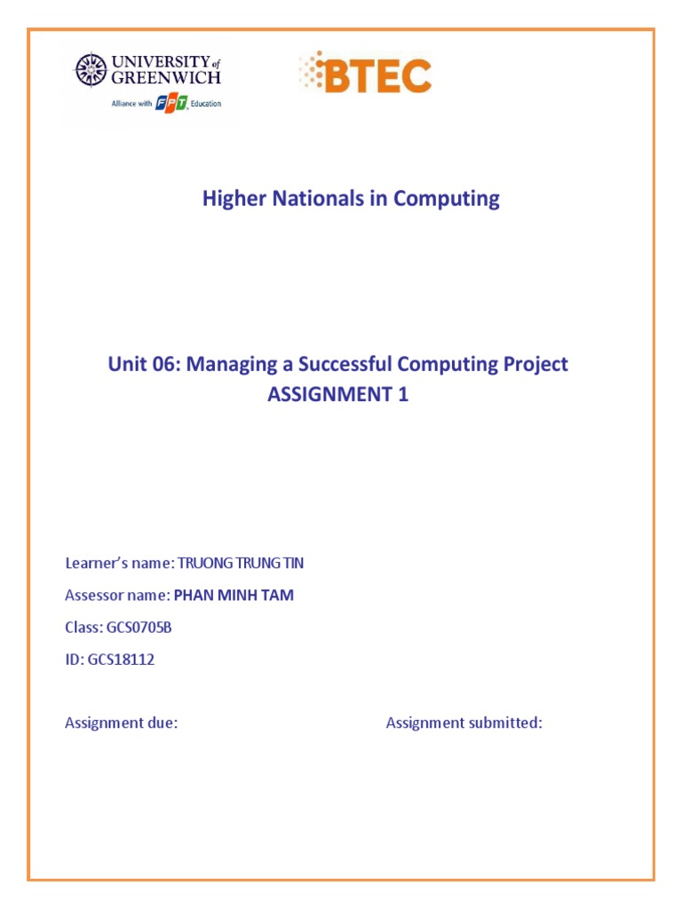 Higher Nationals in Computing: Unit 06: Managing A Successful Computing ...