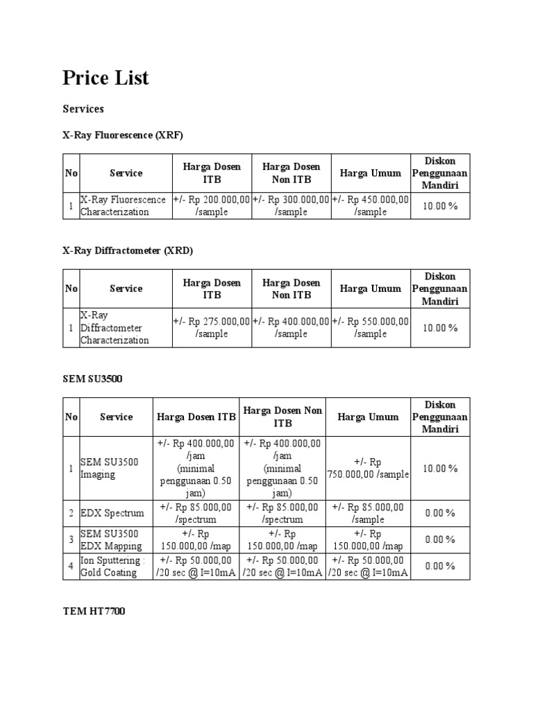 Price List Lab Nano ITB | PDF | Ultraviolet–Visible Spectroscopy ...