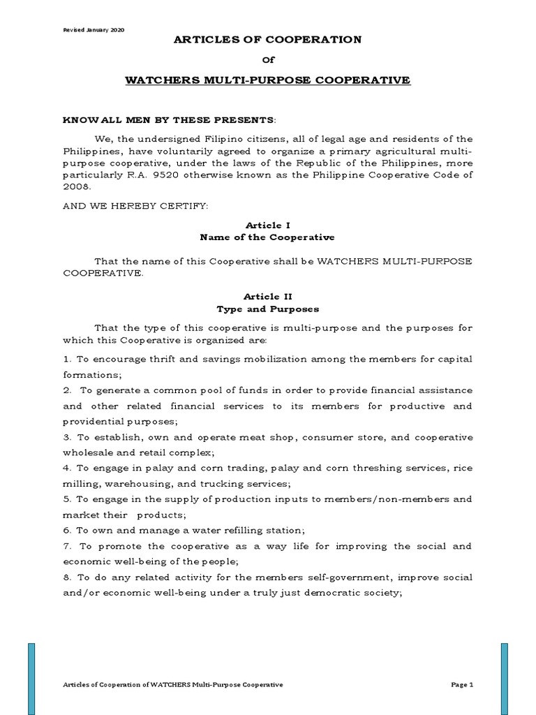 Articles of Cooperation Establishing WATCHERS Multi-Purpose Cooperative ...