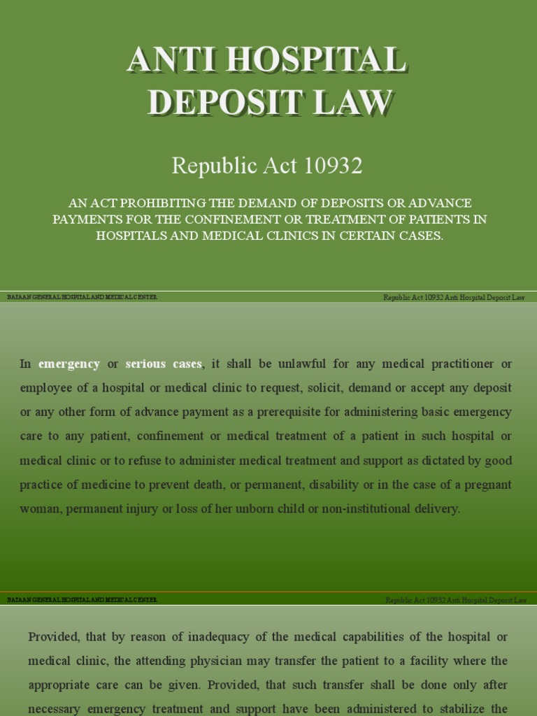 RA 10932: Anti Hospital Deposit Law | PDF | Clinic | Hospital