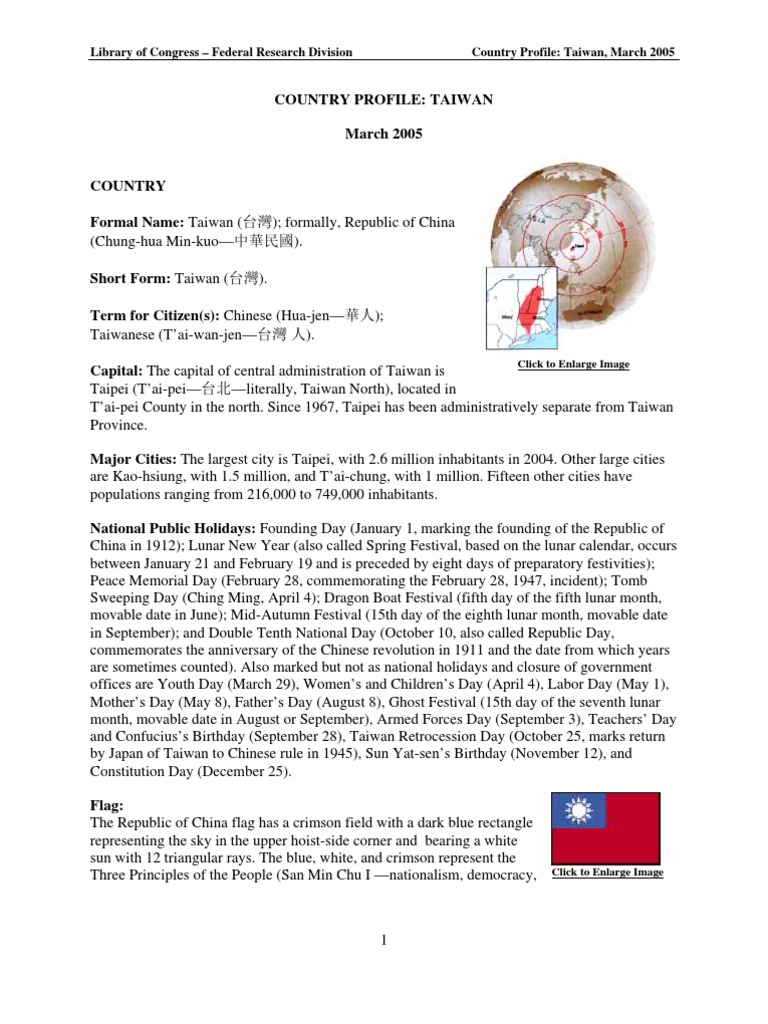 Library of Congress - Federal Research Division Country Profile: Taiwan ...