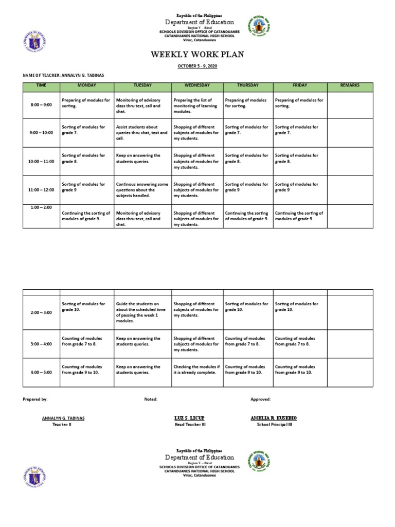 Weekly Work Plan: Department of Education | PDF | Learning | Behavior ...
