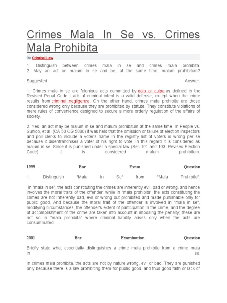 Crimes Mala in Se Vs Mala Prohibita | PDF | Crime & Violence | Crime ...