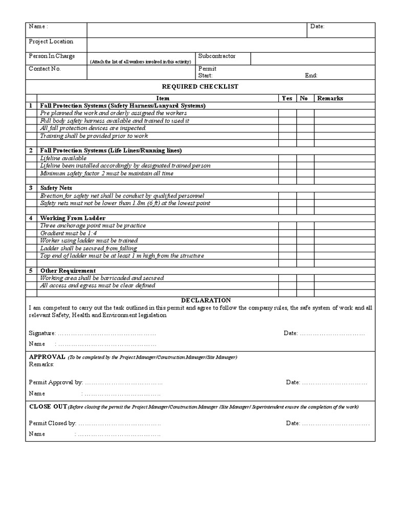 Required Checklist Item Yes No Remarks 1 Fall Protection Systems ...