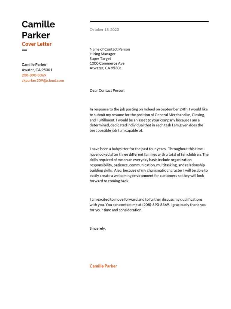 Official Cover Letter-Camille Parker | PDF
