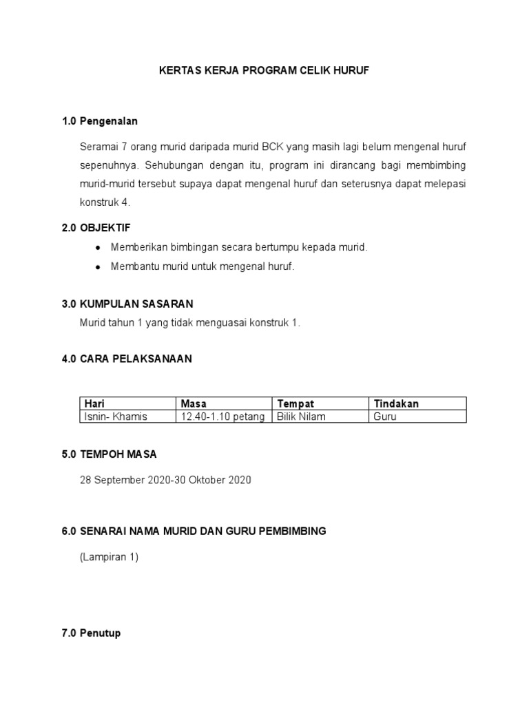 Kertas Kerja Program Celik Huruf | PDF