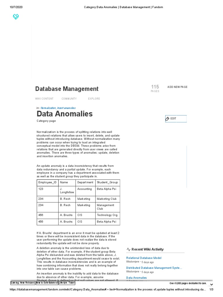 Category - Data Anomalies - Database Management | PDF | Relational Model | Databases
