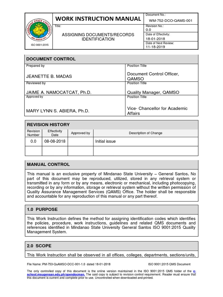 Work Instruction Manual: Document Control | PDF | Iso 9000 | Version ...