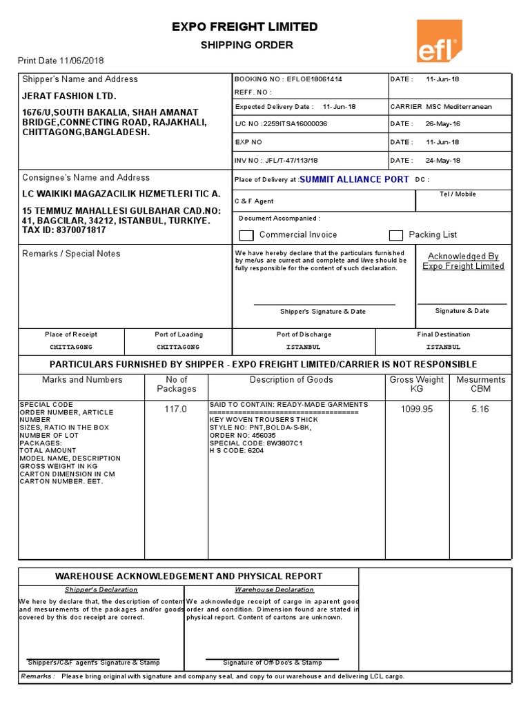 Expo Freight Limited: Shipping Order | PDF | Cargo | Receipt